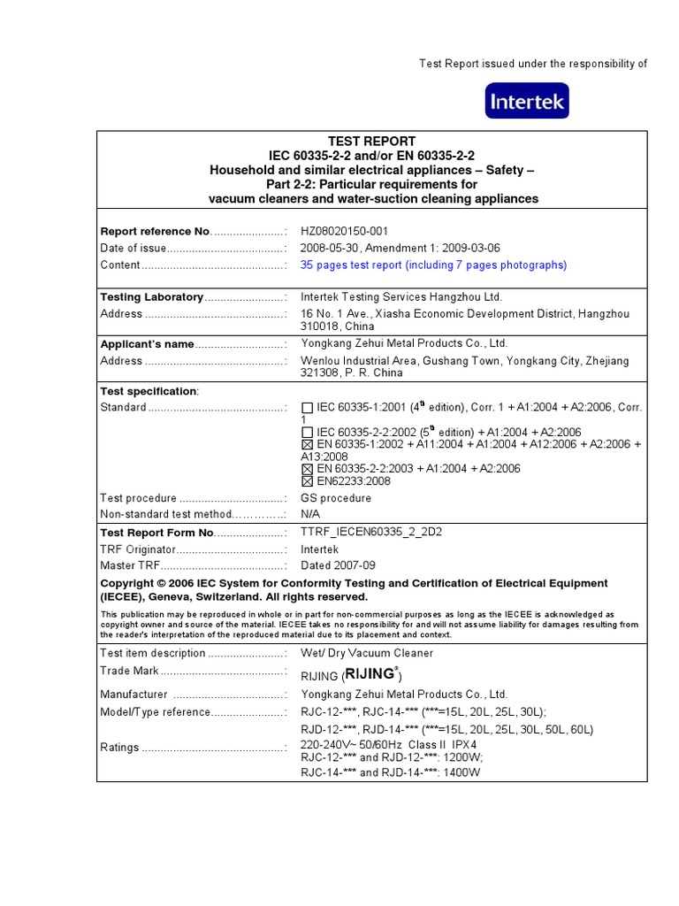 Test-Report-Iec-60335-2 Usisivac PDF | PDF