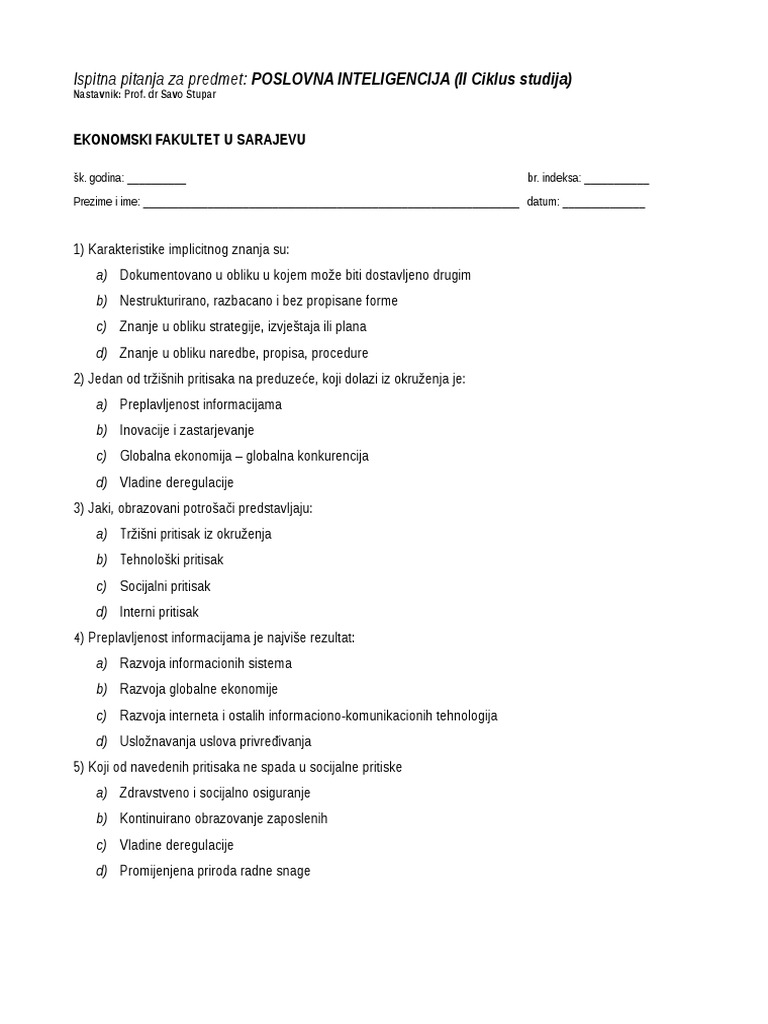 Ispitna Pitanja Iz Poslovne Inteligencije | PDF