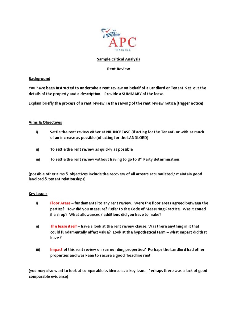 Sample Critical Analysis - Rent Review | PDF | Leasehold Estate | Landlord
