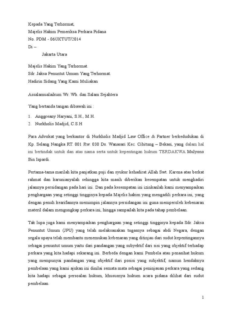 Nota Pembelaan Pledoi | PDF | Hukum