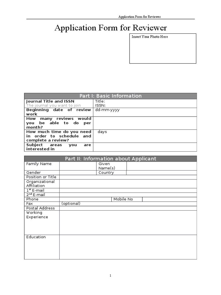 Application Form For Reviewer: Part I: Basic Information | PDF