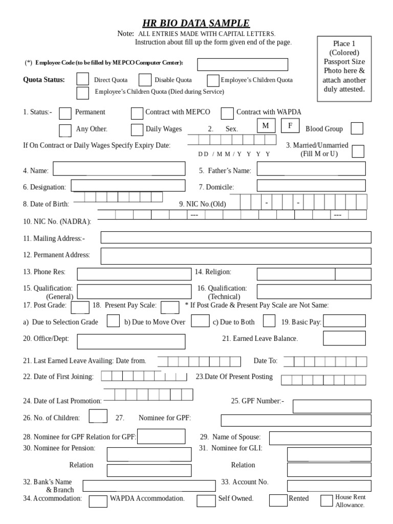 HR Bio Data Form Instructions | PDF | Government | Business
