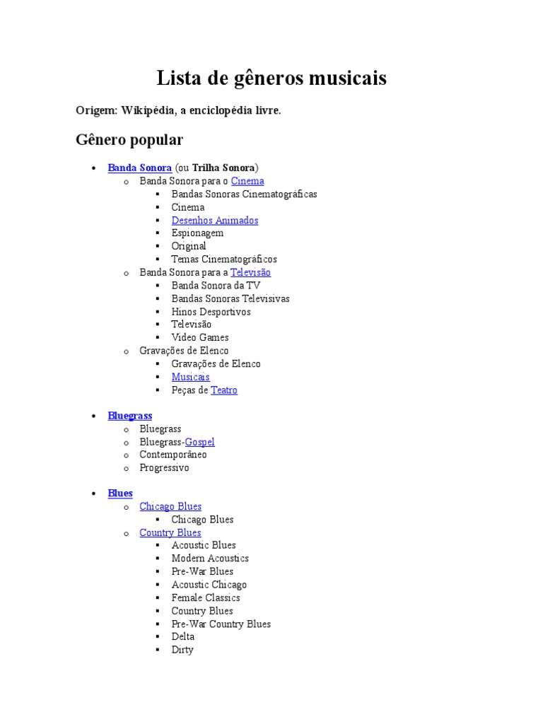 Lista de Gêneros Musicais | PDF