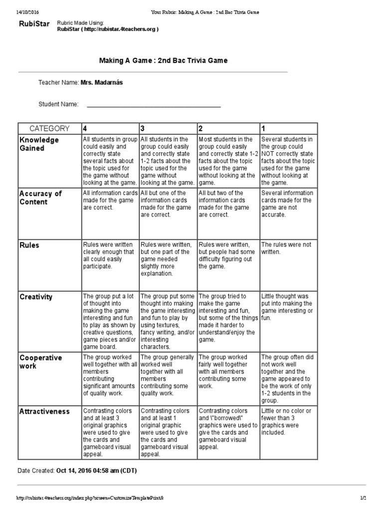 Your Rubric - Making A Game - 2nd Bac Trivia Game | Rubric (Academic ...