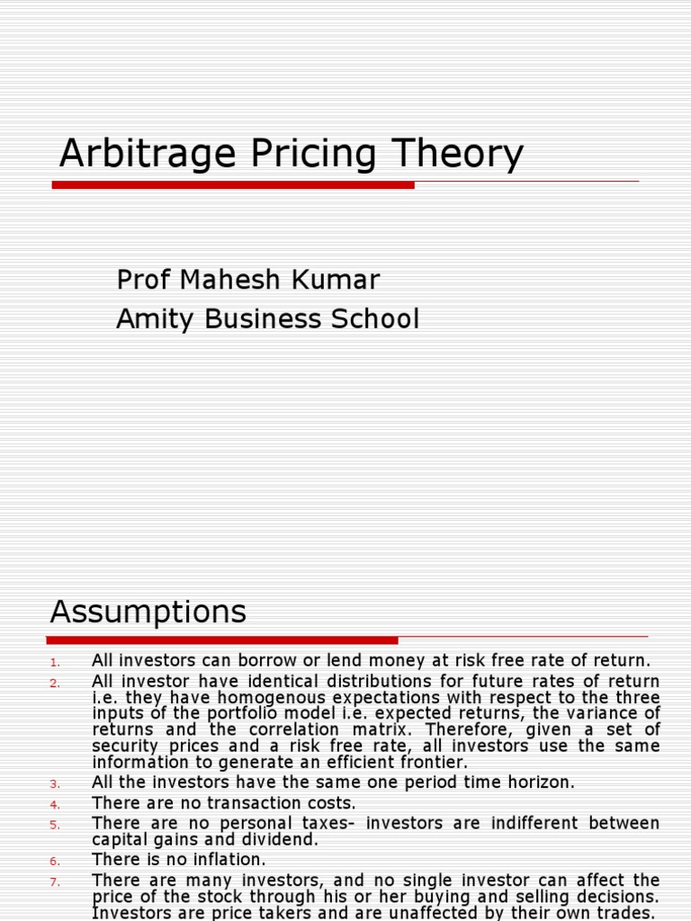 Arbitrage Pricing Theory: Prof Mahesh Kumar Amity Business School | PDF ...