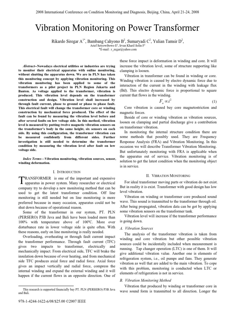Vibration Monitoring On Power Transformer | PDF | Transformer | Sound