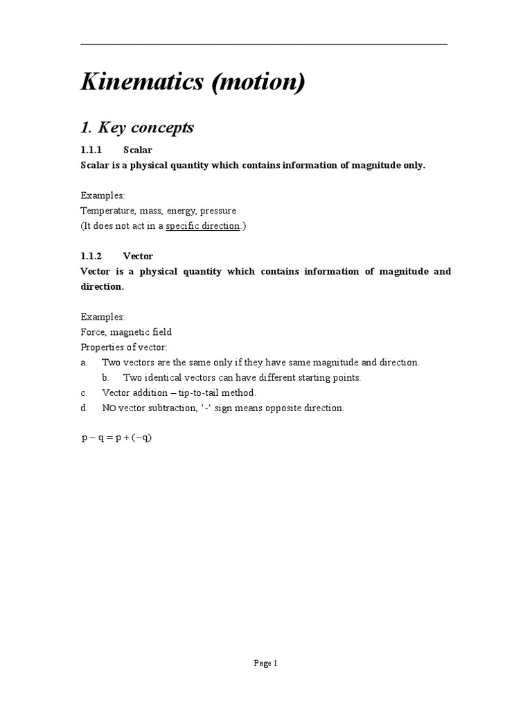 Kinematics (Motion) : 1. Key Concepts | PDF | Euclidean Vector | Acceleration
