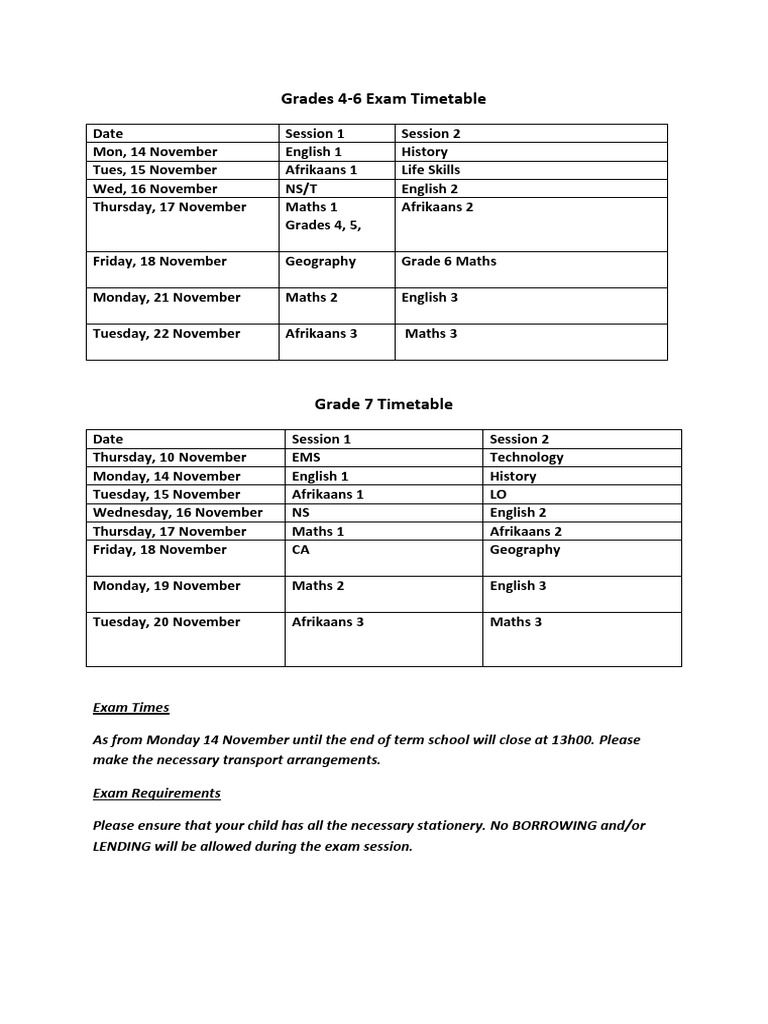 Exam Timetable Grade 4 - 7 | PDF