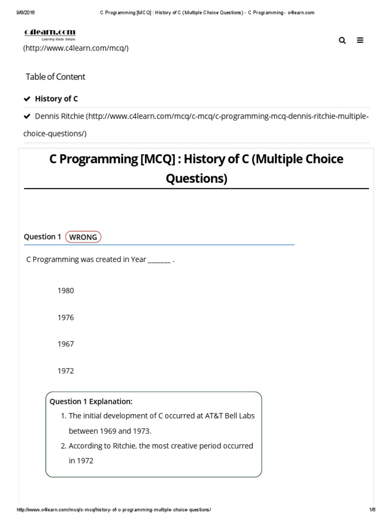 C Programming (MCQ) - History of C (Multiple Choice Questions) - C ...