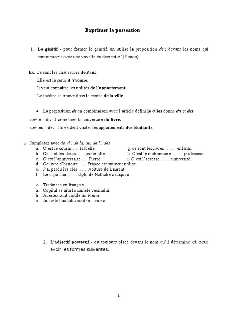 FLE - Exprimer La Possession en Français | PDF | Langues en Europe ...