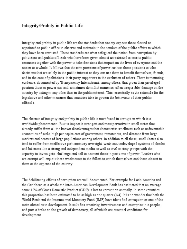Integrity/Probity in Public Life | PDF | Corruption | Integrity