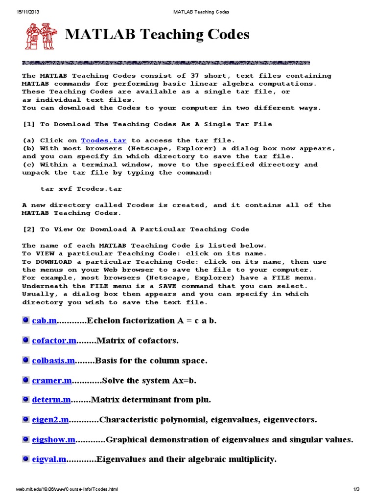 MATLAB Teaching Codes | PDF | Eigenvalues And Eigenvectors | Matrix (Mathematics)