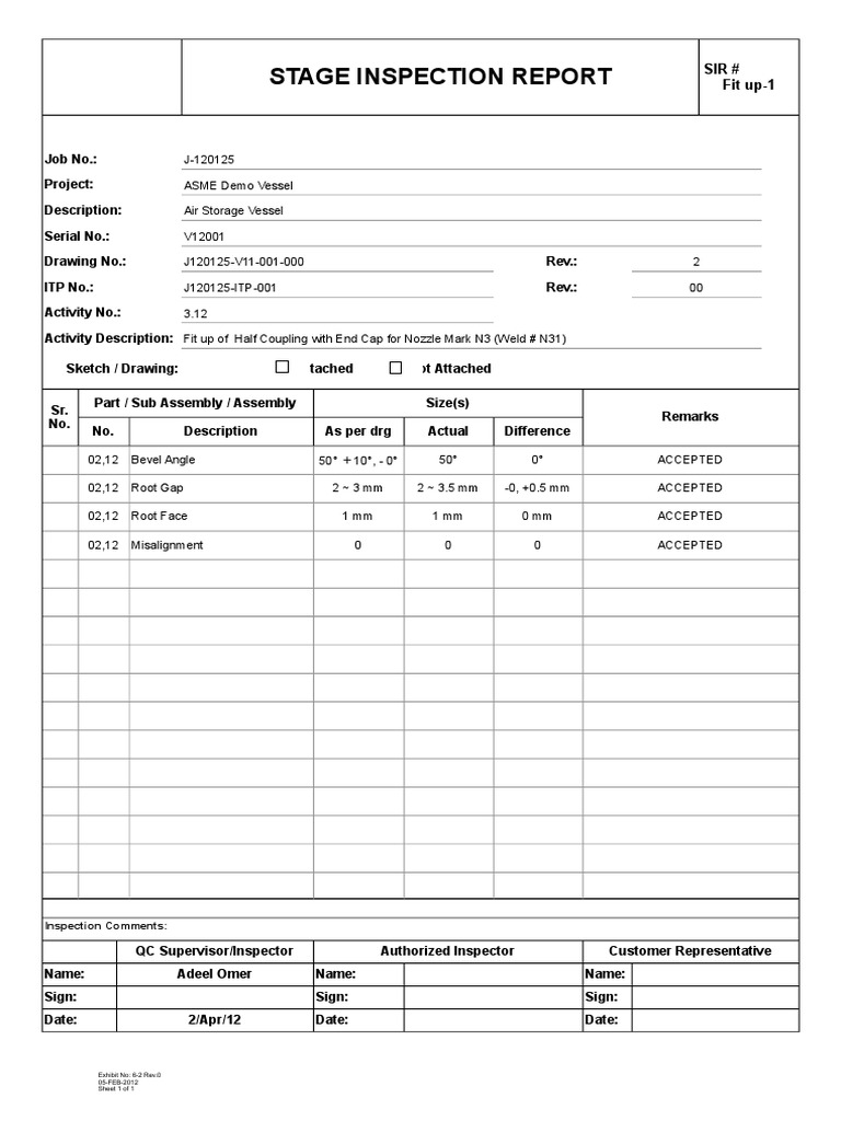 Stage Inspection Report for ASME Vessel | PDF