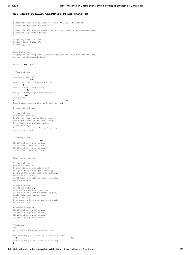 Hey There Delilah Chords (Ver 4) by Plain White Ts at Ultimate-Guitar | PDF