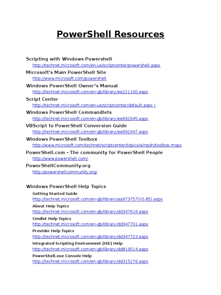 Powershell Resources: Getting Started Guide About Help Topics | PDF