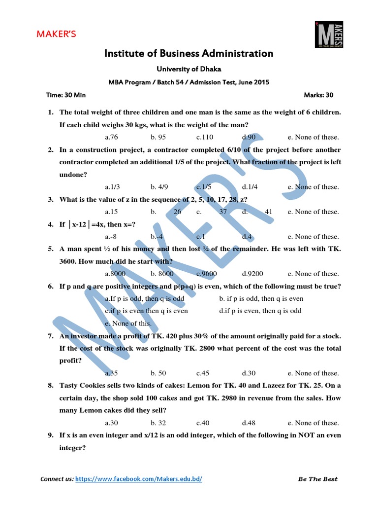 54 IBA MBA Intake QSN (Math) | PDF | Odds | Integer