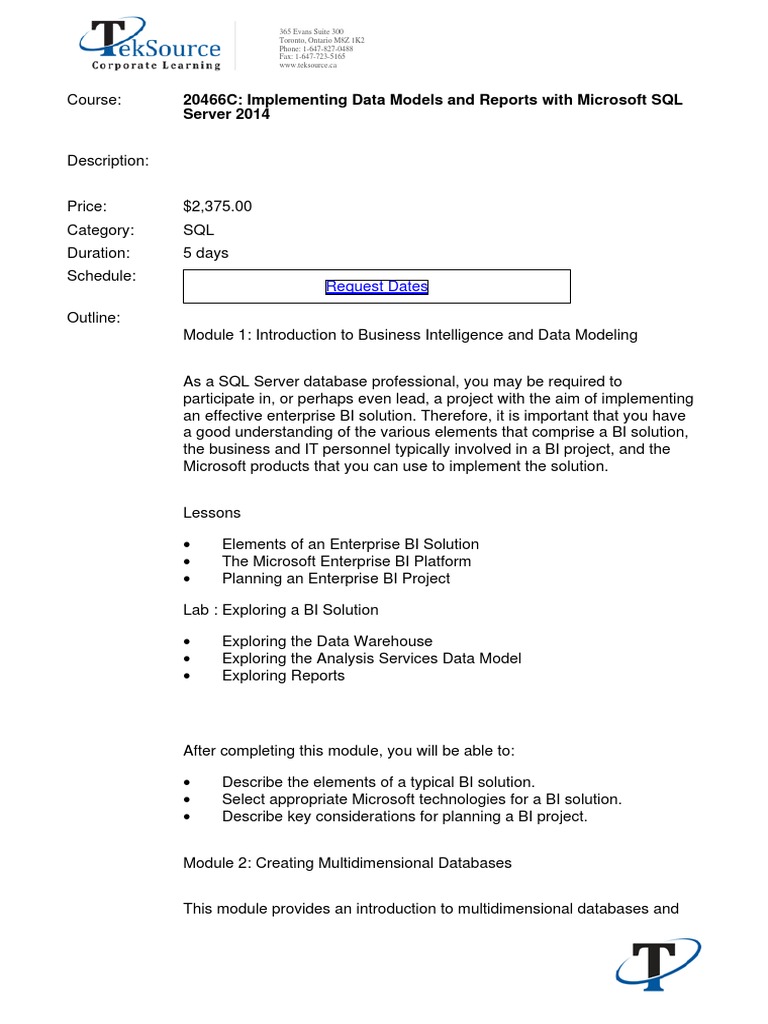 20466C: Implementing Data Models and Reports With Microsoft SQL Server 2014 | PDF | Business ...