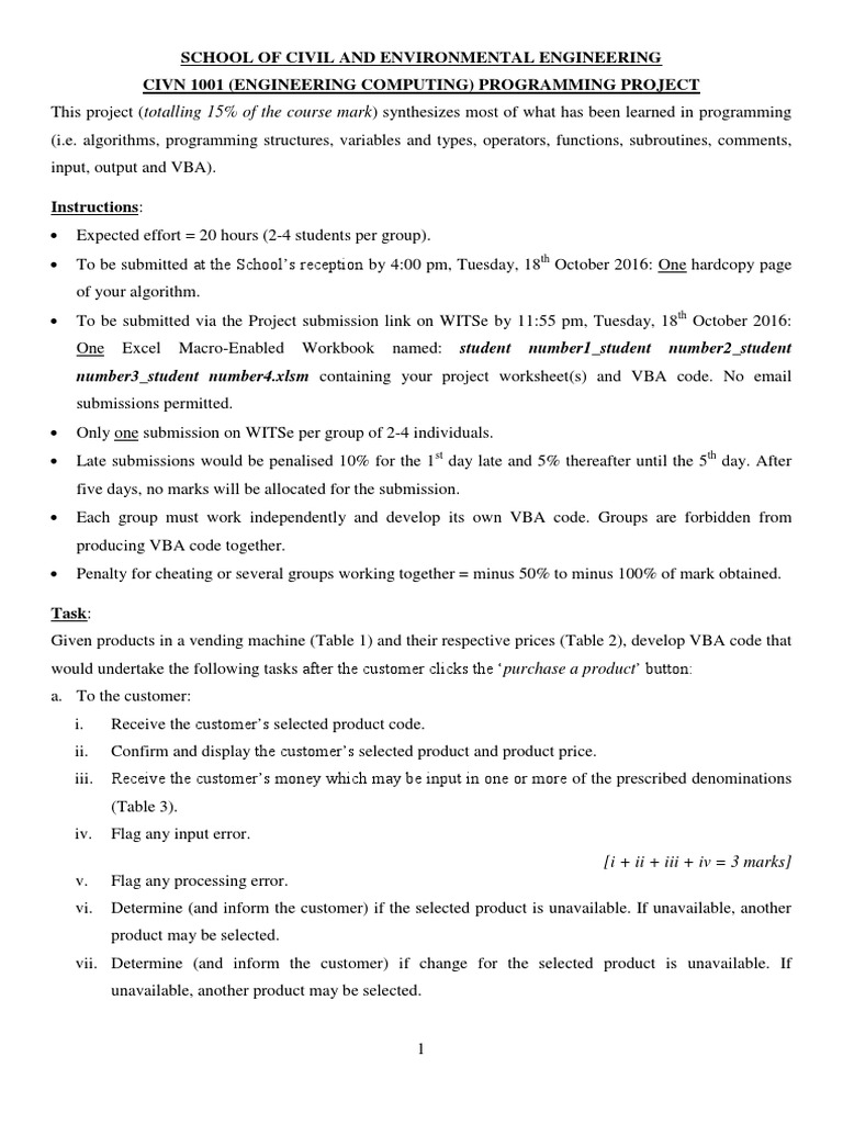 CIVN1001 Project 2016 Brief | PDF | Subroutine | Applied Mathematics
