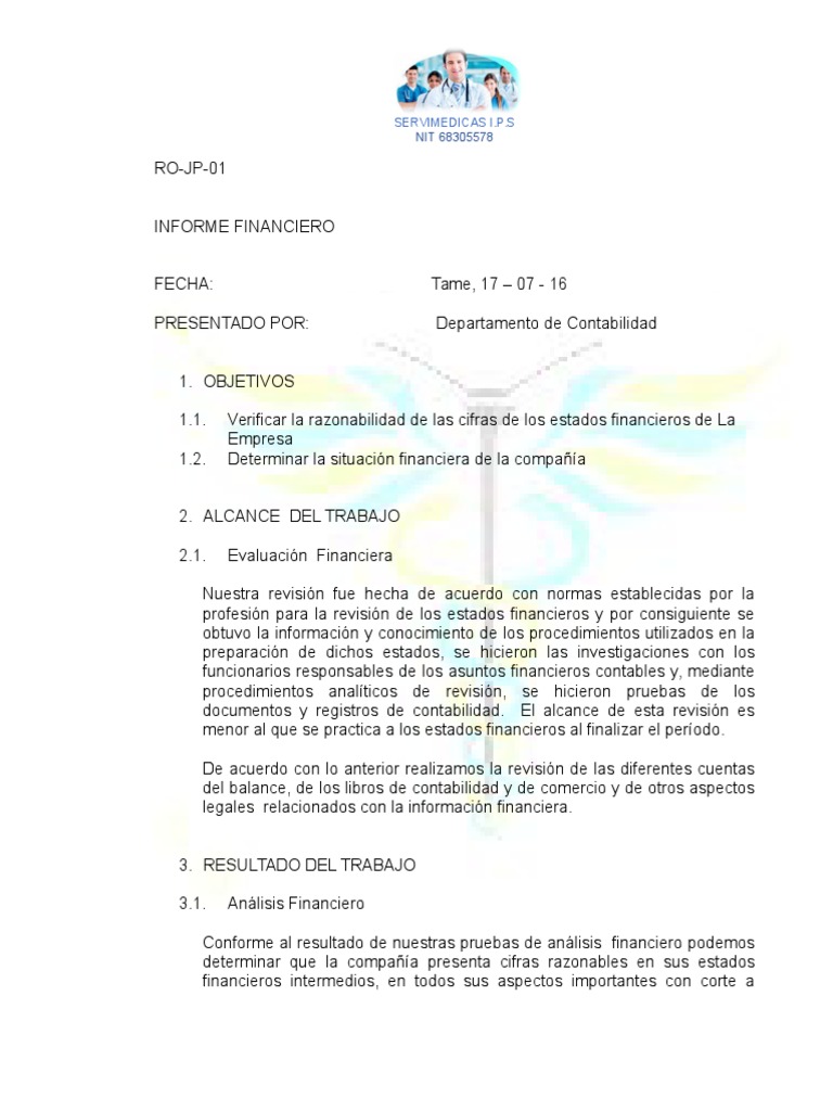 Ejemplo de Informe Financiero | PDF | Estado financiero | Contabilidad