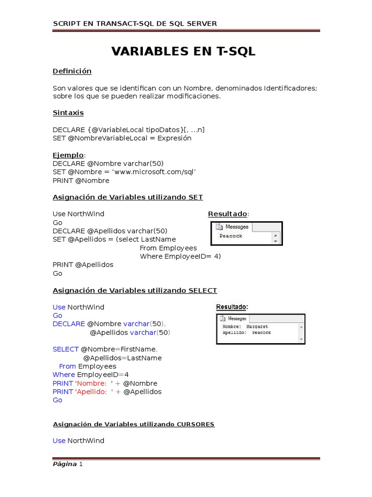 Variables, estructuras de control y manejo de errores en T-SQL | PDF ...