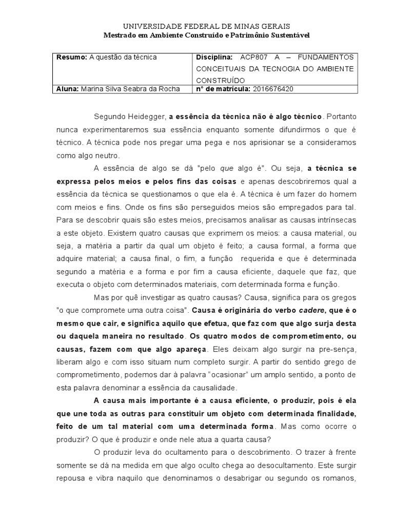 Resumo-Heidegger A Questão Da Técnica-ROCHA, Marina | PDF | Causalidade ... Resumo-Heidegger A Questão Da Técnica-ROCHA, Marina | PDF | Causalidade ...