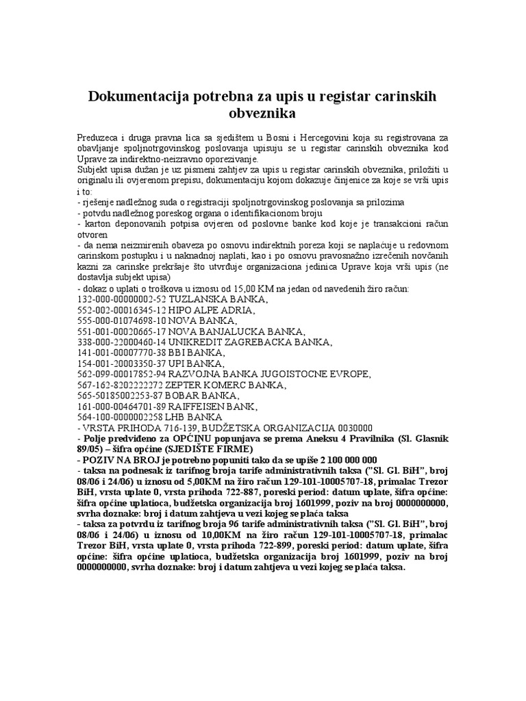 Dokumentacija Potrebna Za Upis U Registar Carinskih Obveznika | PDF