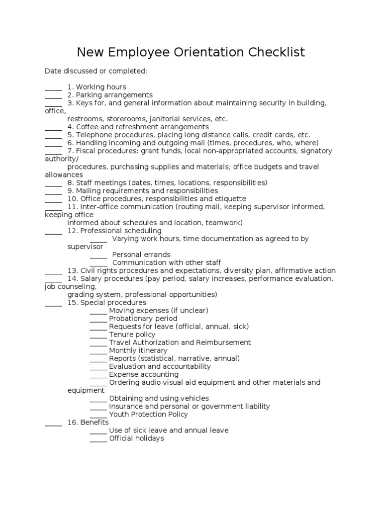 New Employee Orientation Checklist | PDF | Mail | Salary