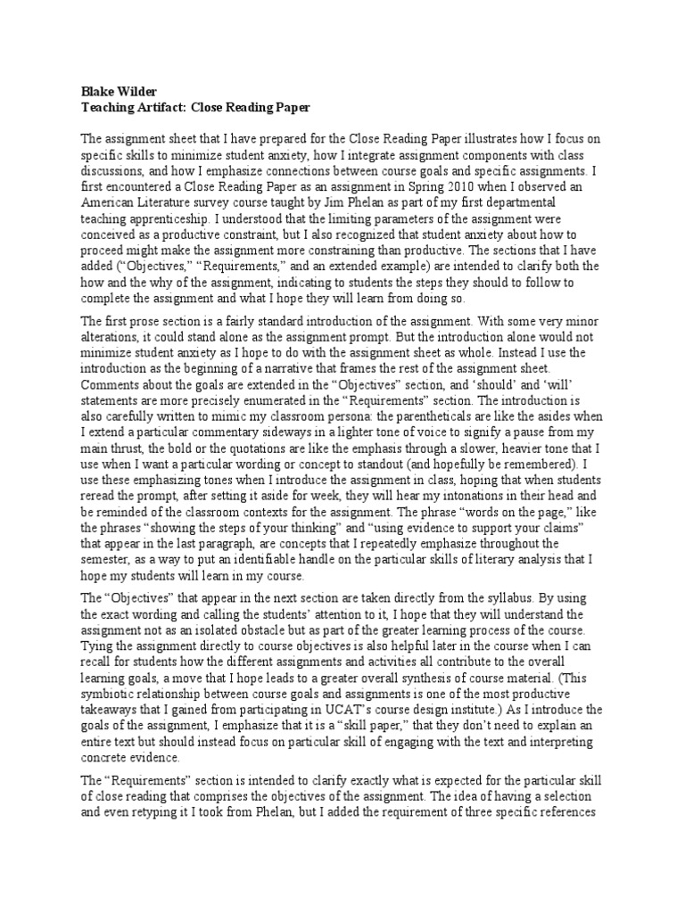Close Reading Paper Prompt | PDF | Reading (Process) | Sentence ...