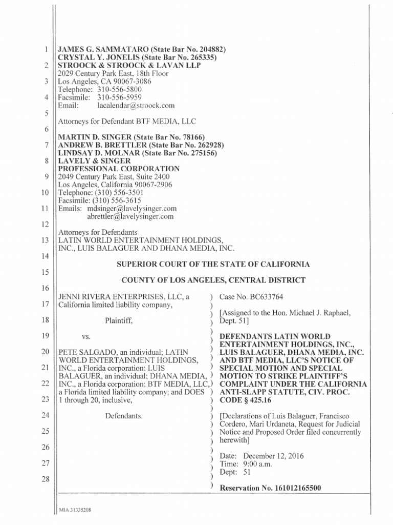 Anti-SLAPP Motion in Jenni Rivera series lawsuit