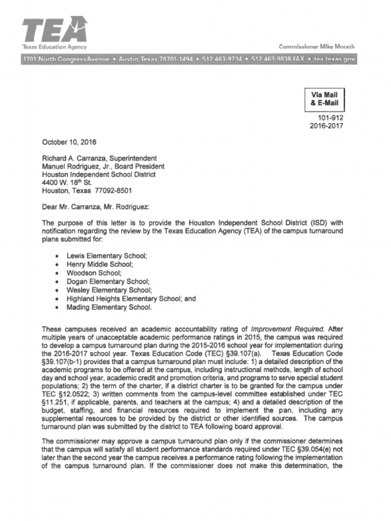 Texas Education Agency Letter To HISD | PDF | Social Institutions ...