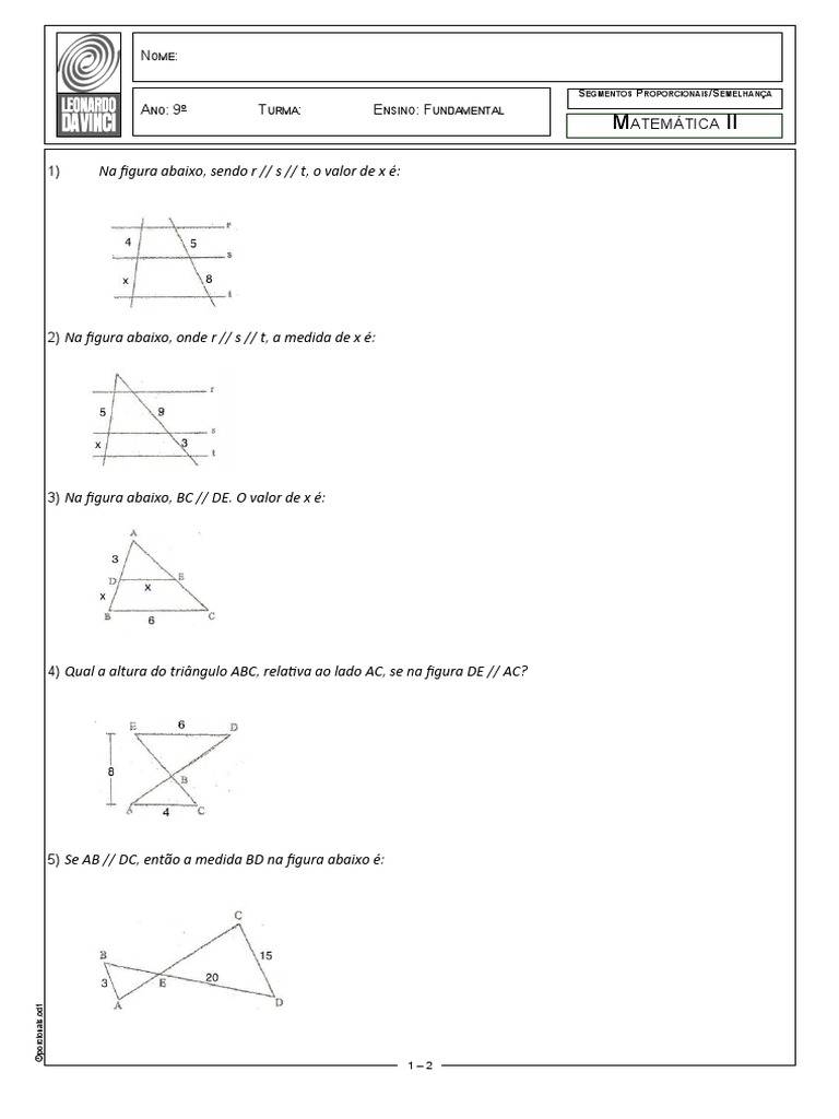 Exercícios Segmentos Proporcionais | PDF