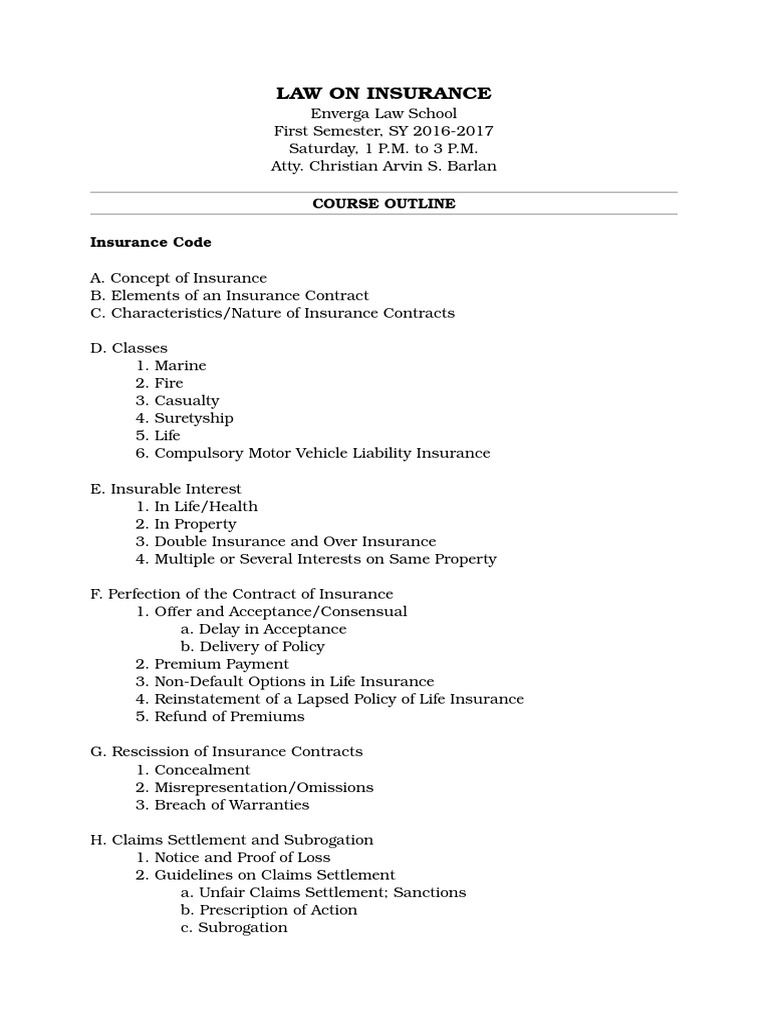 Insurance Law Course Outline | PDF | Law