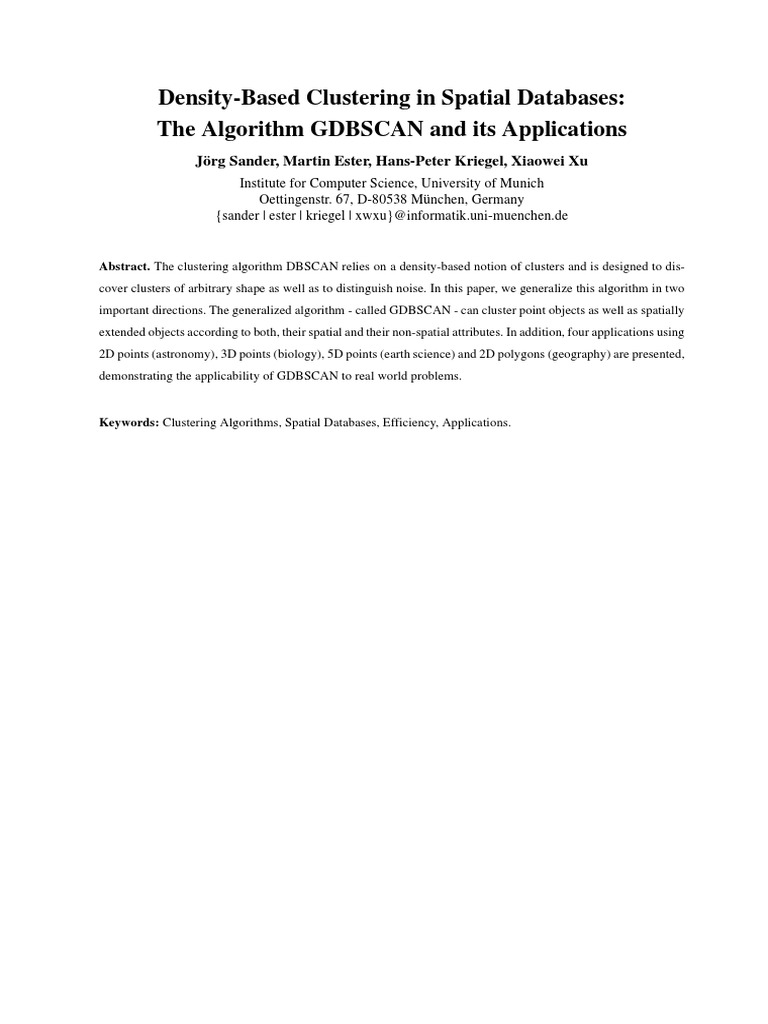 Density-Based Clustering in Spatial Databases: The Algorithm GDBSCAN and Its Applications | PDF