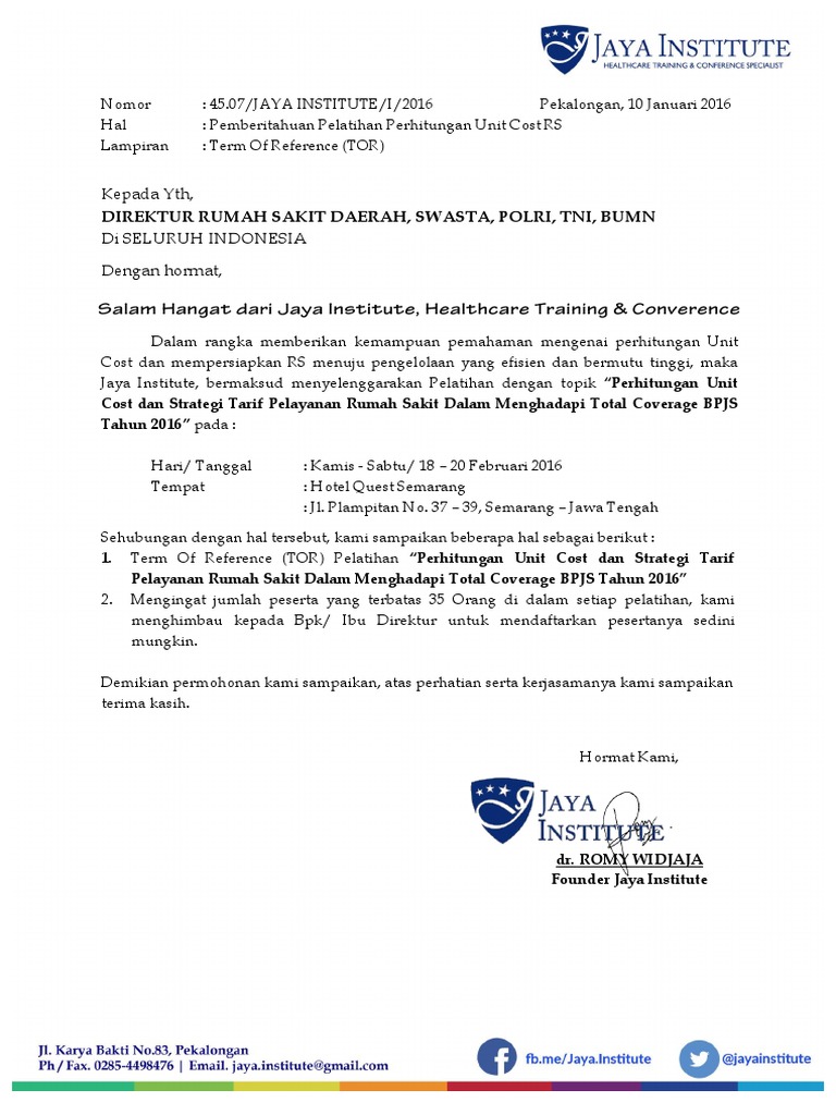 Tor Pelatihan Unit Cost | PDF