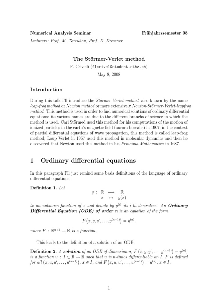 Crivelli The Stormer Verlet Method | PDF | Ordinary Differential ...