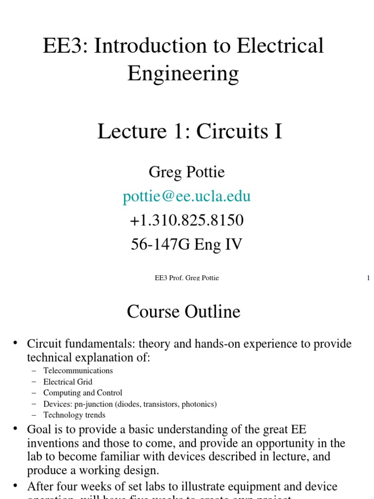 EE3: Introduction To Electrical Engineering Lecture 1: Circuits I ...