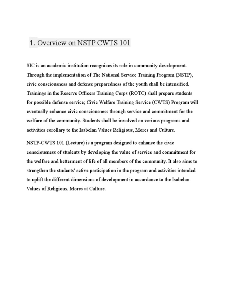 Overview On NSTP CWTS 101 | PDF | Reserve Officers' Training Corps ...