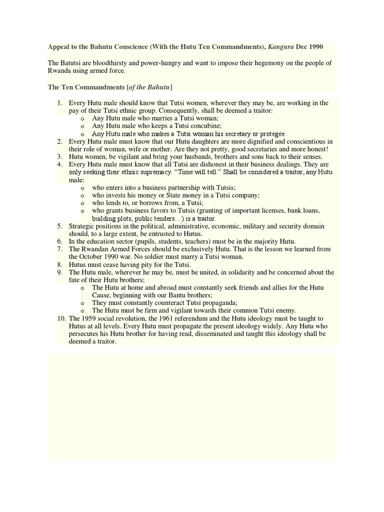 Appeal To The Bahutu Conscience (With The Hutu Ten Commandments ...