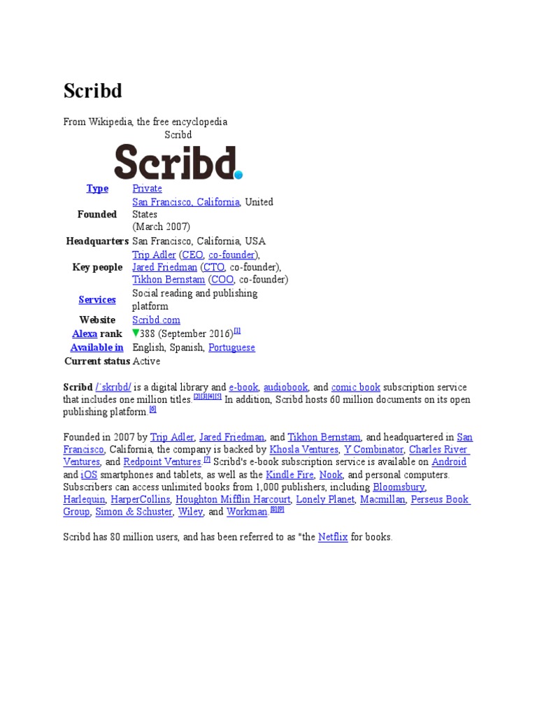 Scribd: Founded Headquarters San Francisco, California, USA Key People | PDF