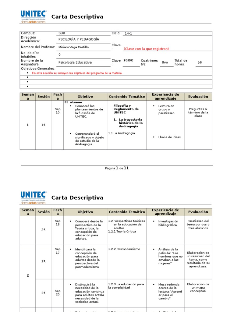 Ejemplo Carta Descriptiva | PDF | Maestros | Aprendizaje