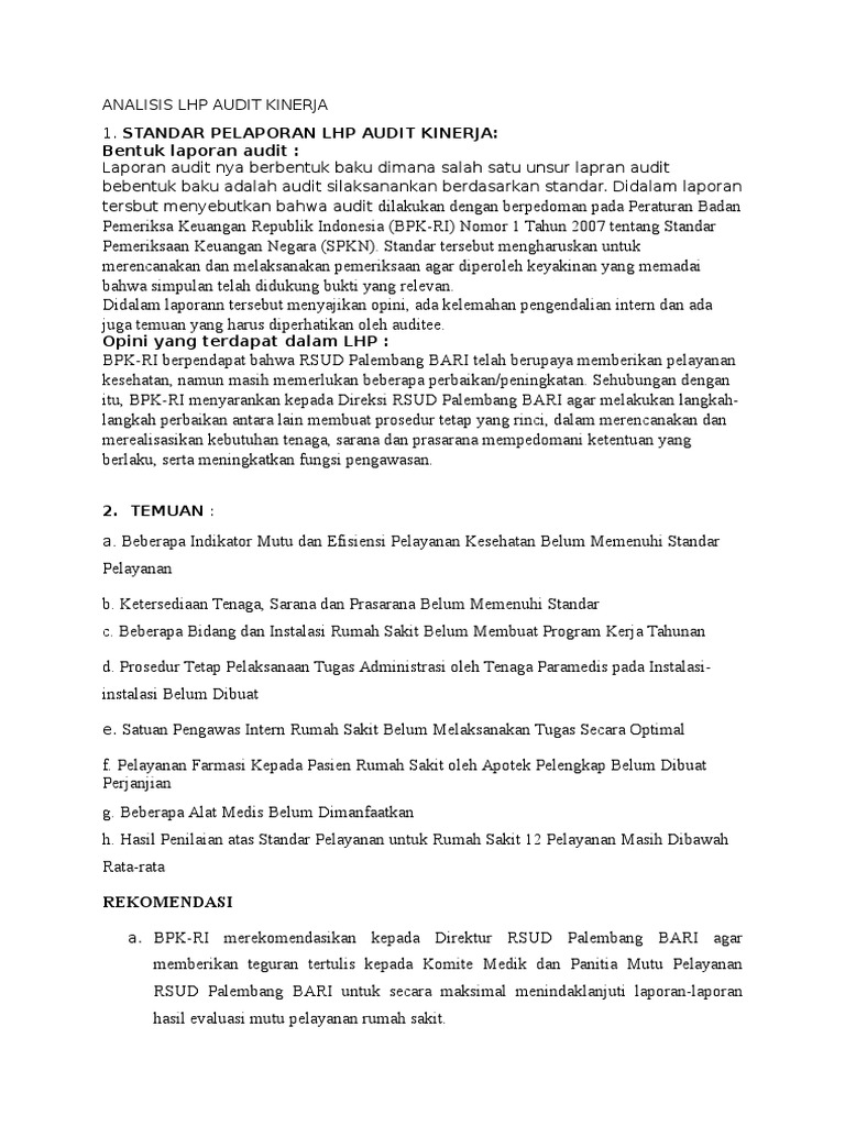 Laporan Audit Kinerja RSUD Palembang | PDF | Pengelolaan Keuangan & Uang