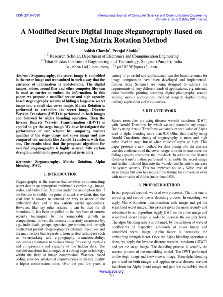 A Modified Secure Digital Image Steganography Based On Dwt Using Matrix Rotation Method Pdf