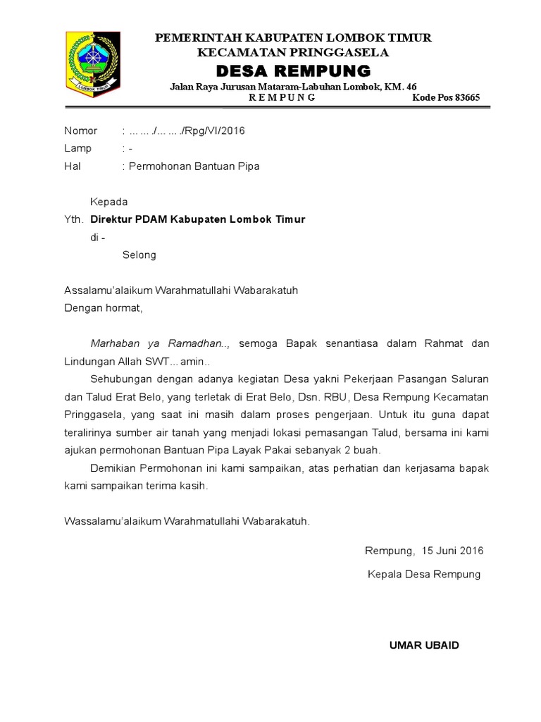 Surat Permohonan Bantuan Pipa PDAM | PDF