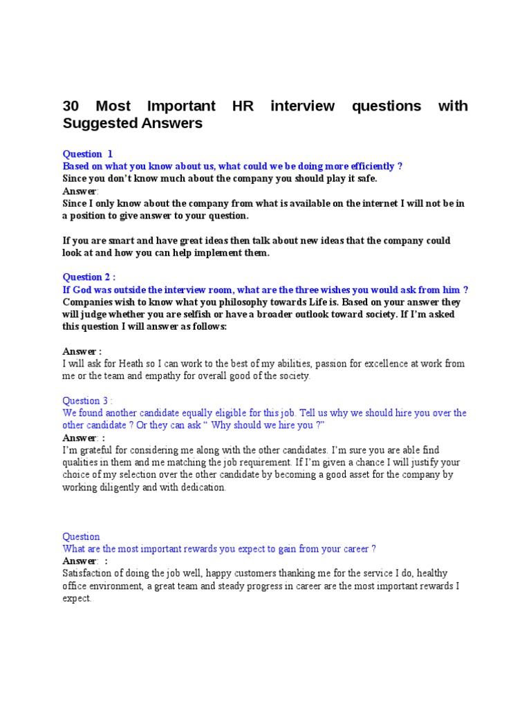 30 Most Important HR Interview Questions With Suggested Answers | PDF ...