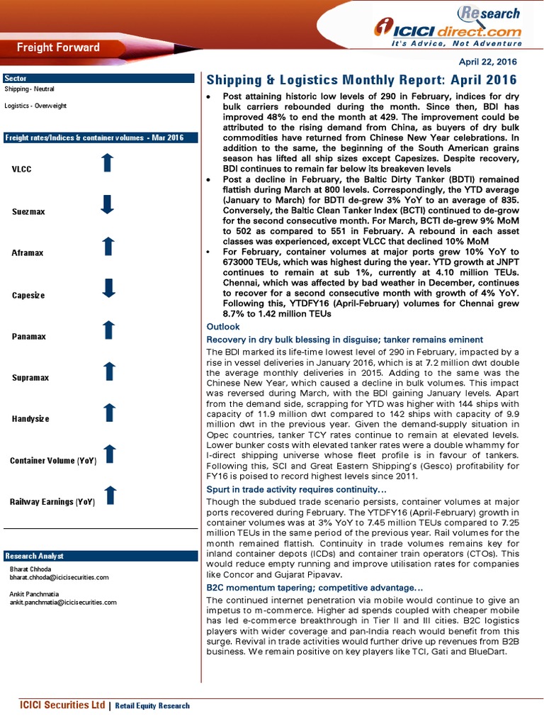 Shipping & Logistics Monthly Report: April 2016: Freight Forward | PDF ...