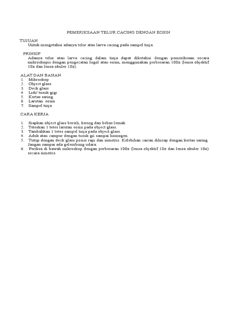 Pemeriksaan Telur Cacing Dengan Eosin | PDF