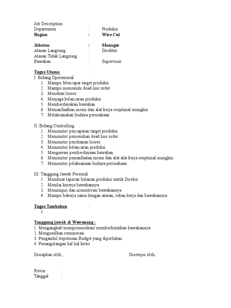 Job Description - Manager Produksi & PPC | PDF