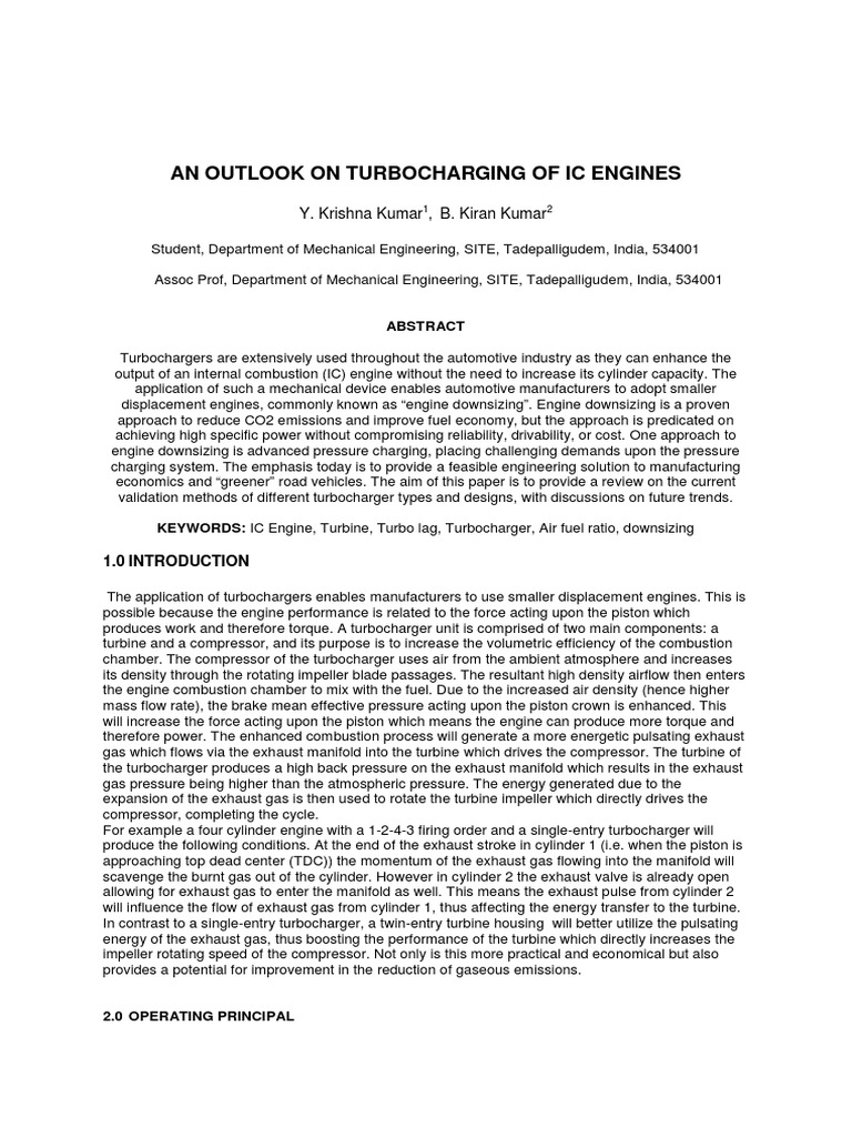 Turbocharging In Ic Engines Overview Pdf Turbocharger Internal