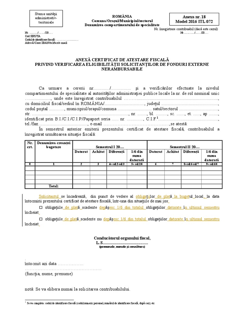 18-Anexa Certificat de Atestare Fiscala ITL 072 | PDF