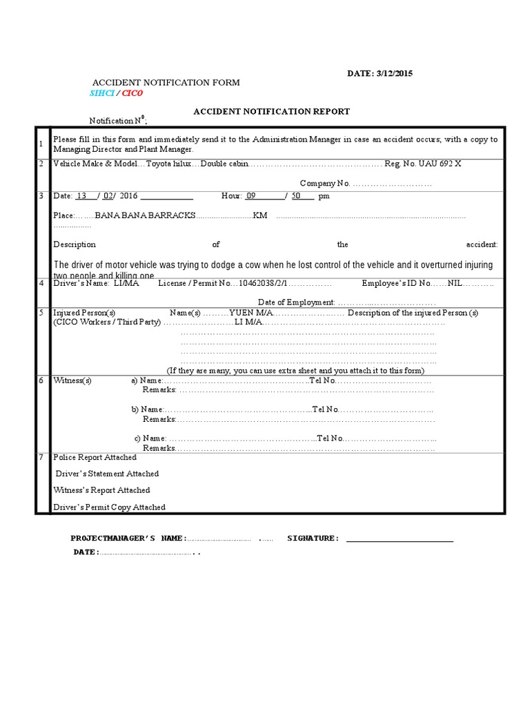 Accident Notification Report | PDF | Traffic Collision | Medical ...